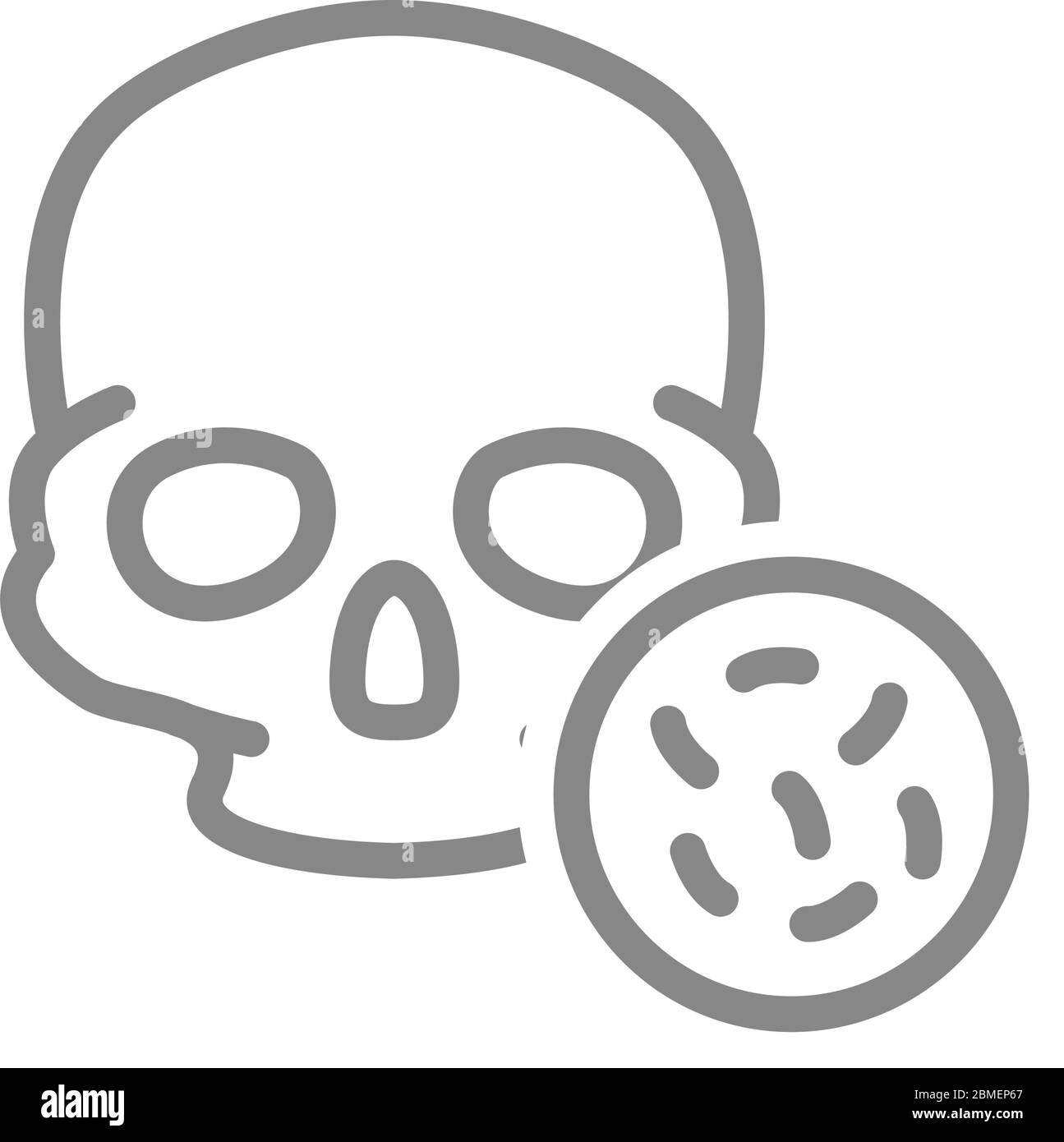 Skull with bacteria line icon. Bones of the head, cranial bacterial ...