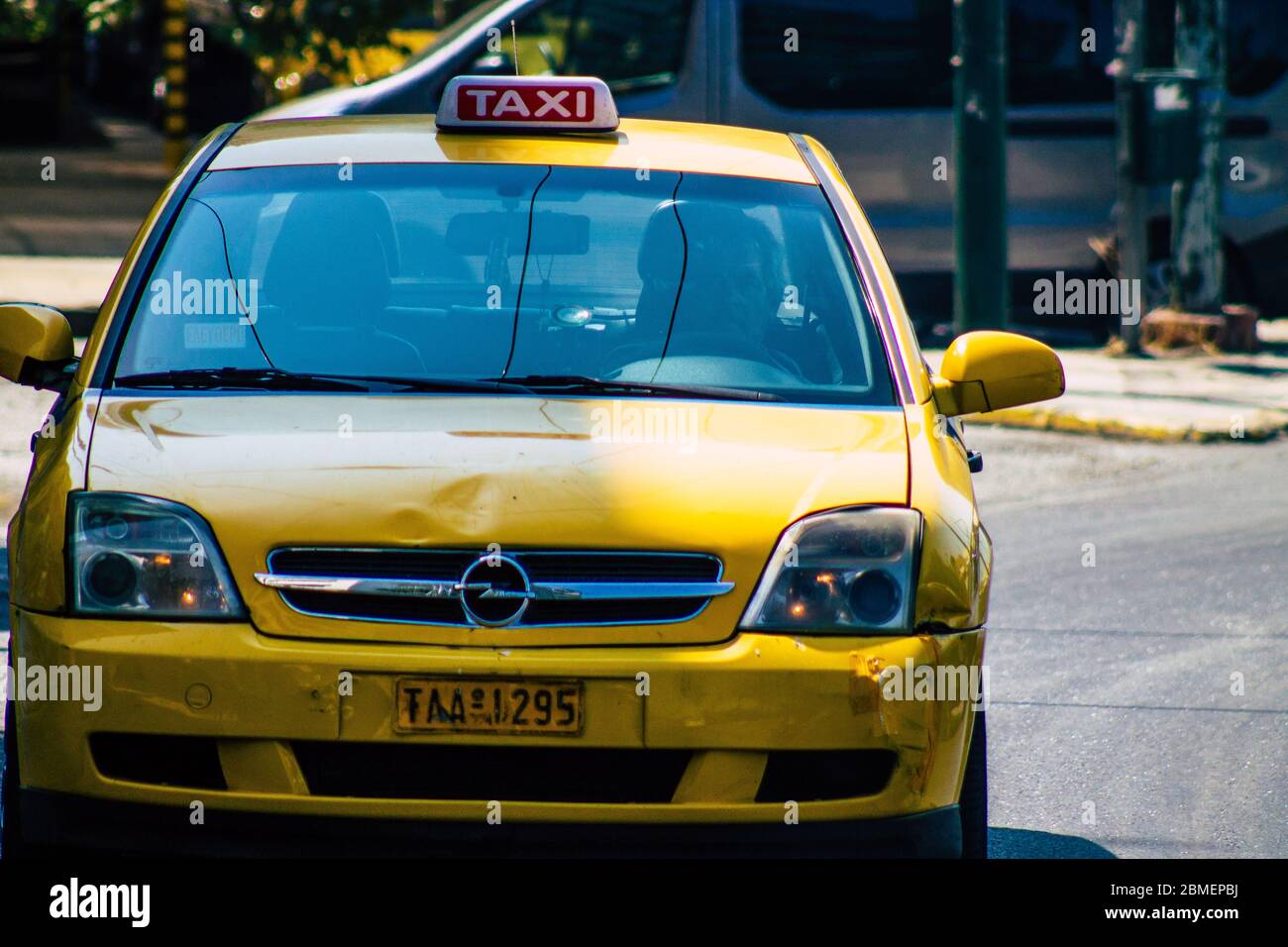 Athens Greece September 7, 2019 View of Greek yellow taxi driving ...