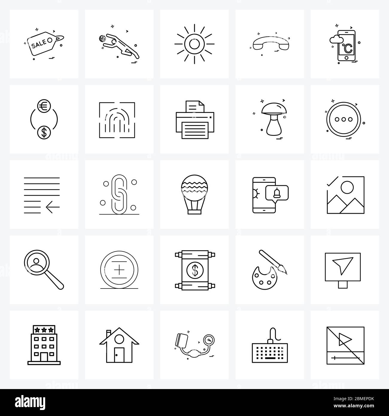 Pixel Perfect Set of 25 Vector Line Icons such as mobile, temp, sun ...