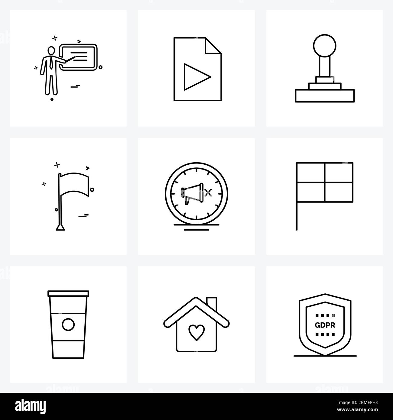 Set of 9 Modern Line Icons of user interface, sound, box, mute, flags ...