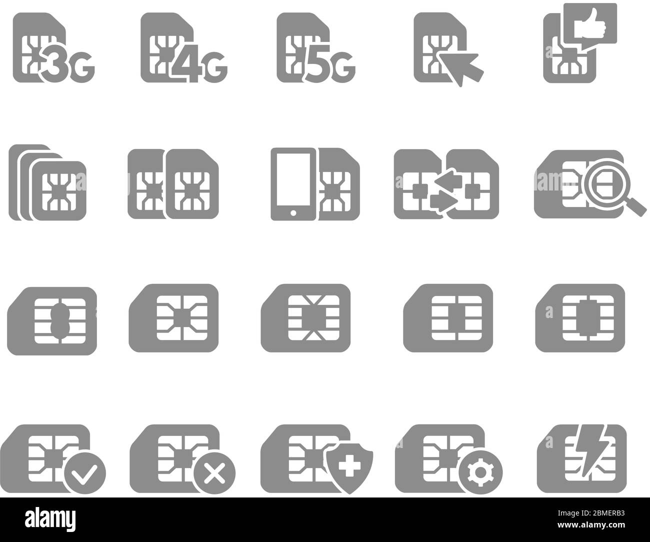 Set of SIM card flat gray icons. 3G, 4G, 5G - network, mobile internet ...