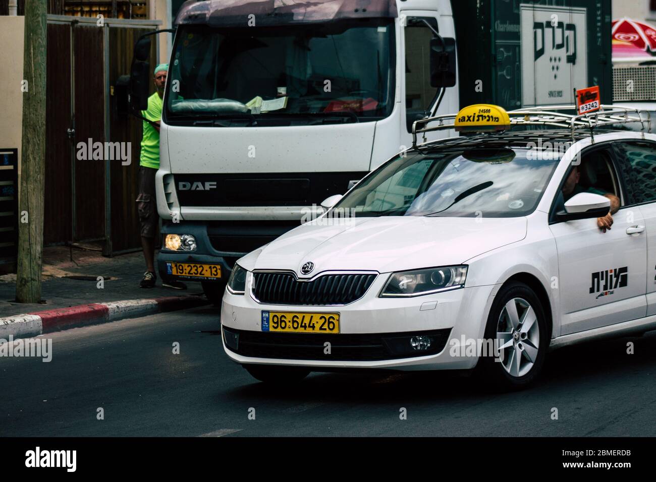 Tel Aviv Israel July 11, 2019 View of traditional Israeli taxi rolling ...
