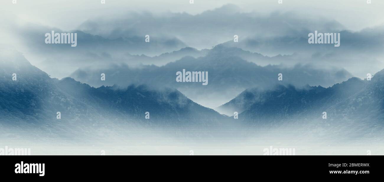 Chinese ink wash style sunset mountain scenery background Stock Photo ...