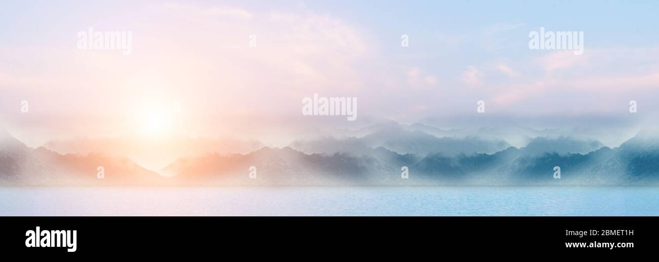 Chinese ink wash style sunset mountain scenery background Stock Photo ...