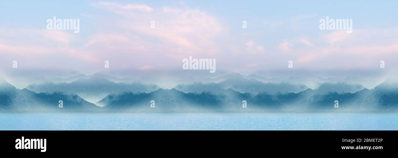 Chinese ink wash style sunset mountain scenery background Stock Photo ...