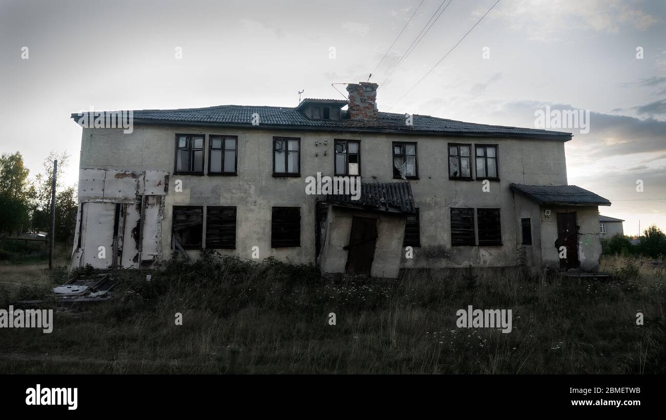 Brick residential building of Soviet era in North in Arkhangelsk region ...