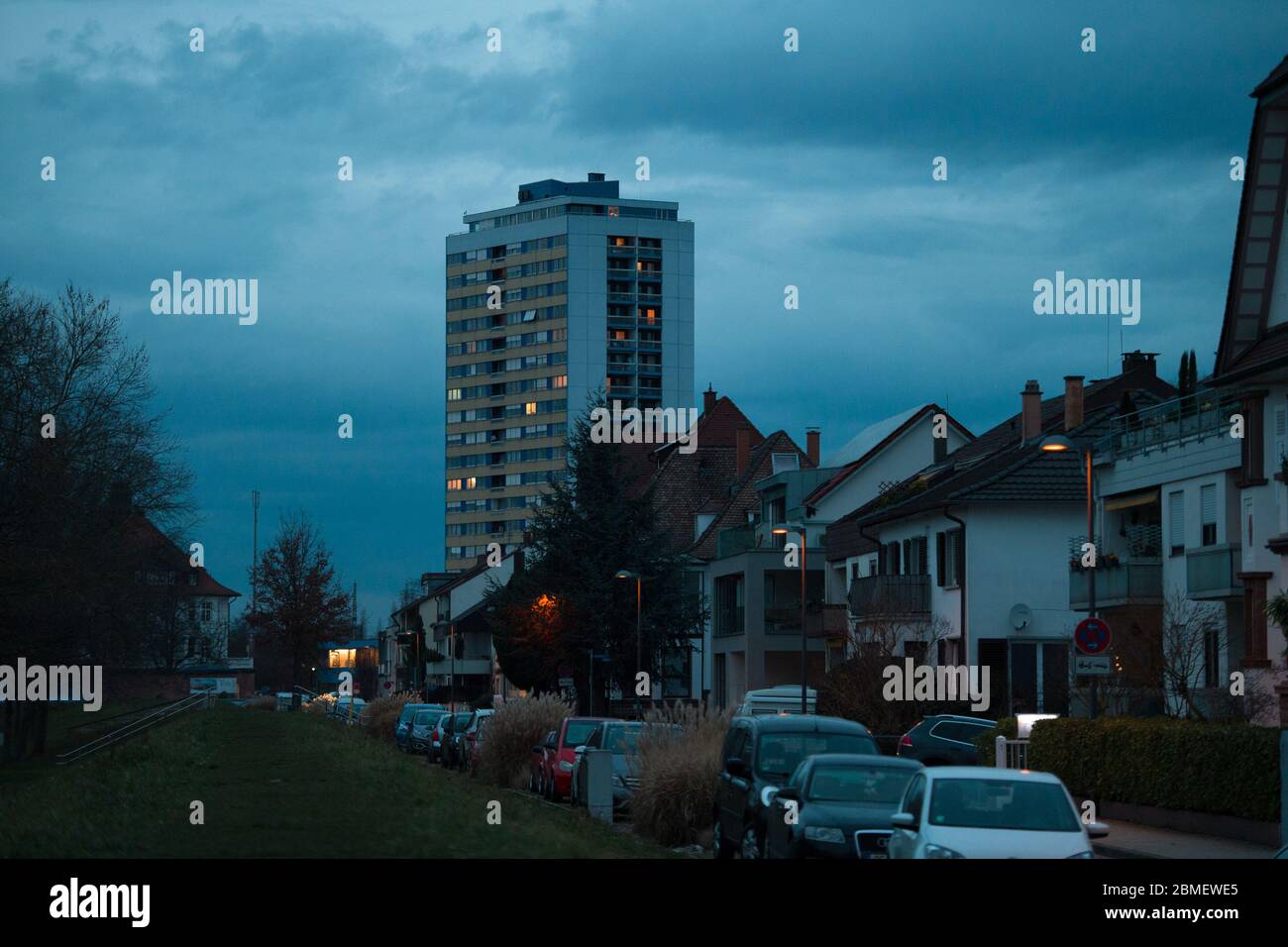 Kehl, Germany - Jan 25, 2018: Cars parked along street with the tall ...