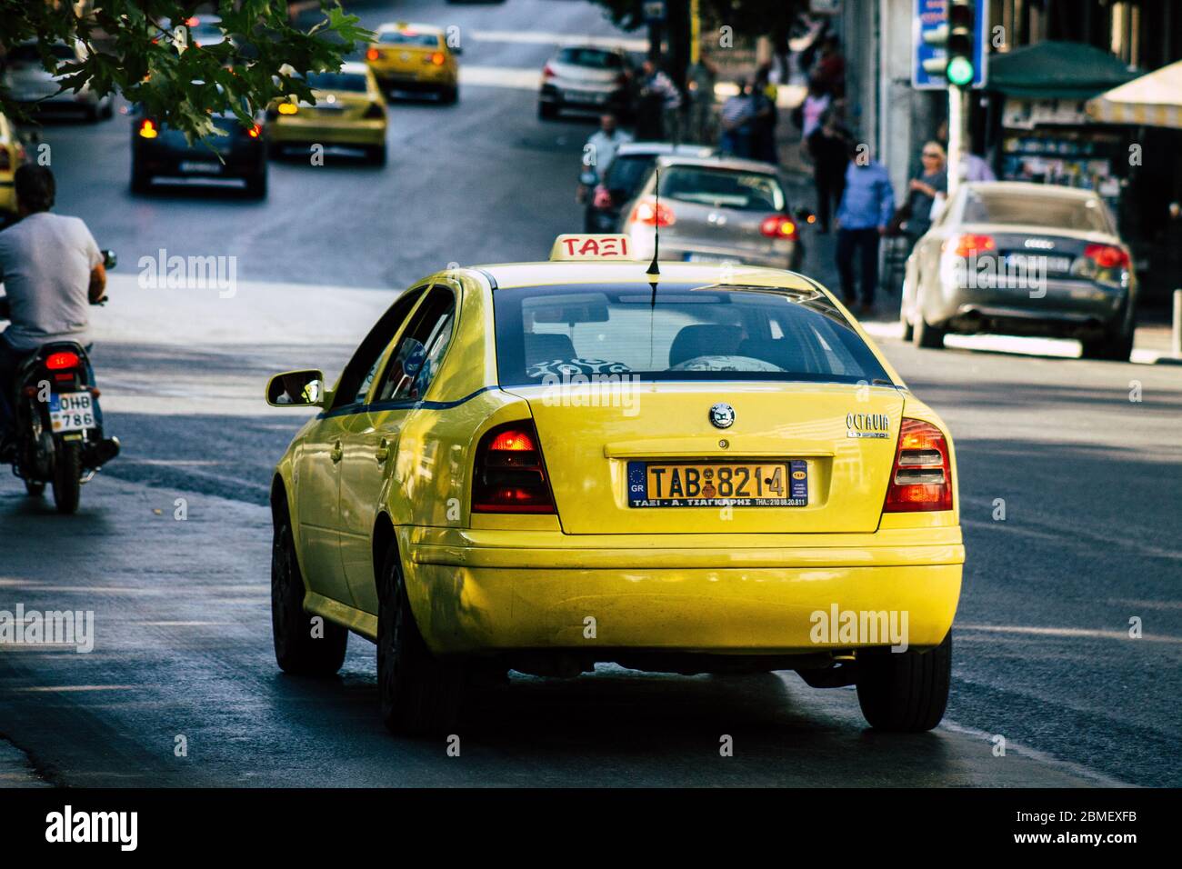 Athens Greece August 28, 2019 View of Greek yellow taxis rolling ...