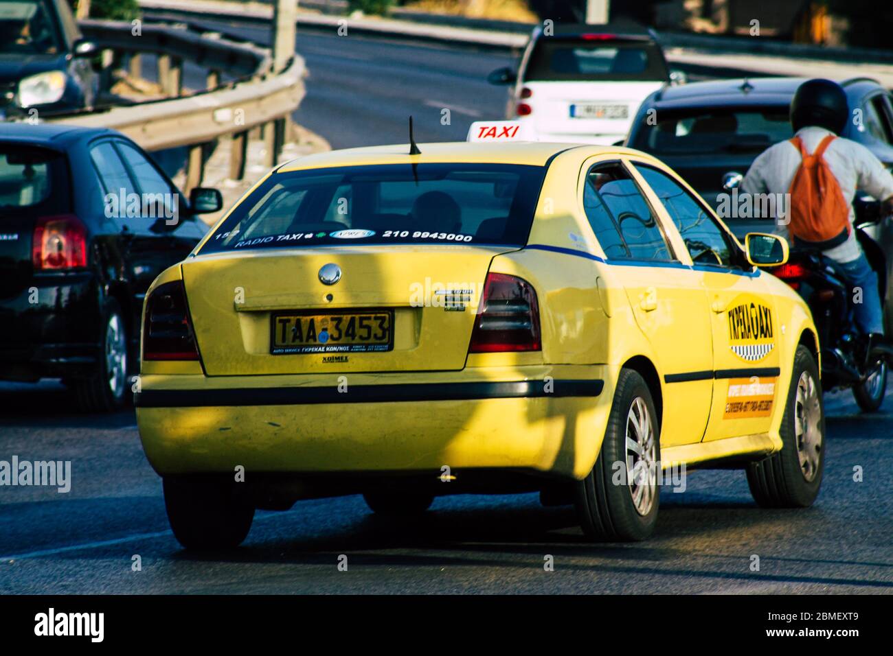 Athens Greece September 7, 2019 View of Greek yellow taxi driving ...