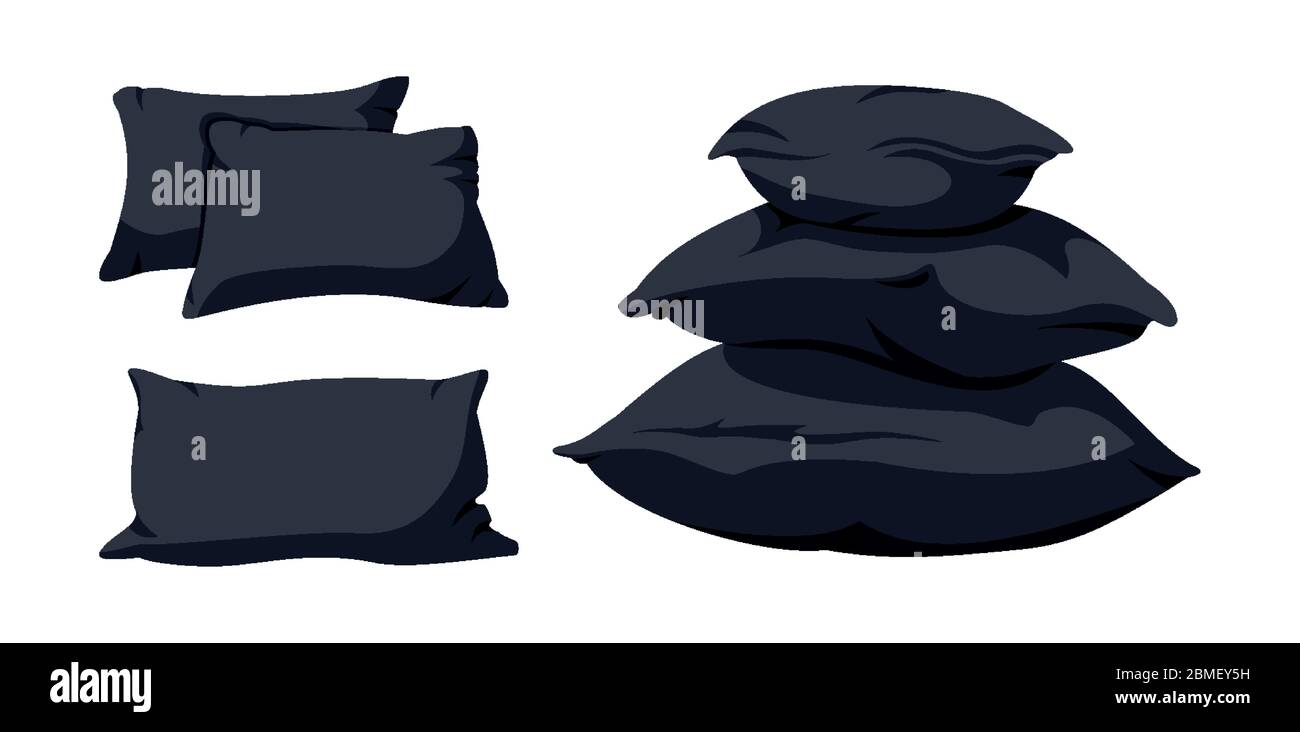 Black pillow pyramid, flat cartoon set. Soft dark square pillows mockup ...