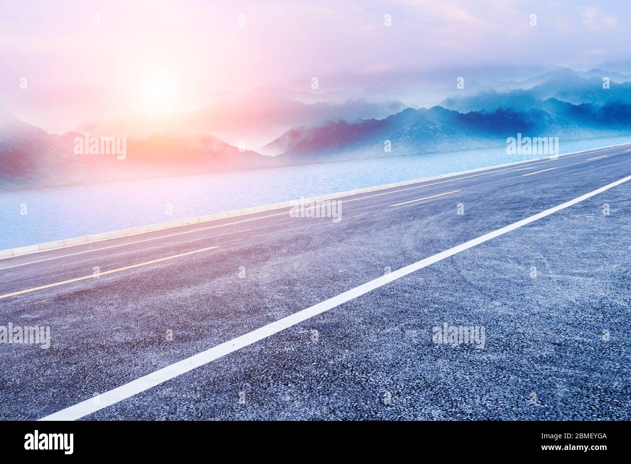 Seaside highway, distant mountain as the background material for the ...