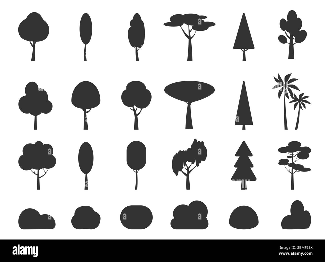 Black trees and bushes, glyph icon set. Template different shape birch ...