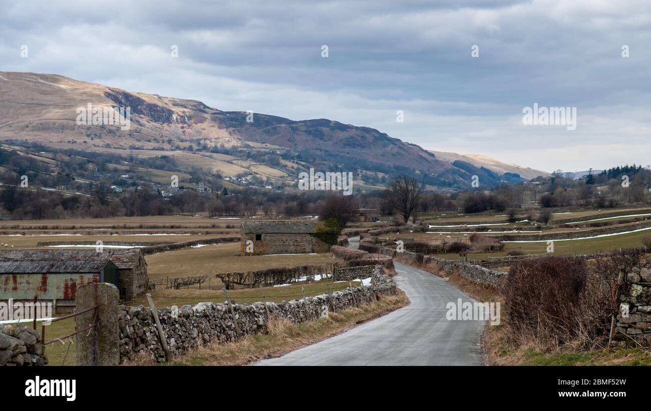 Traditional stone barns stand amid fields of sheep bound by dry stone ...