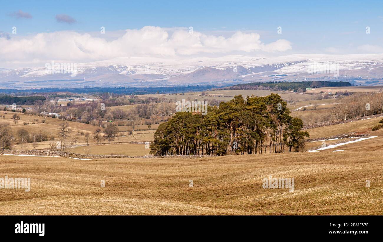 Sun shines on the rolling farmland landscape of the Eden Valley, under ...