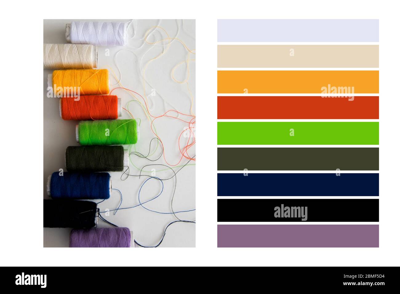 Top view of colorful sewing threads in a colour palette, with ...
