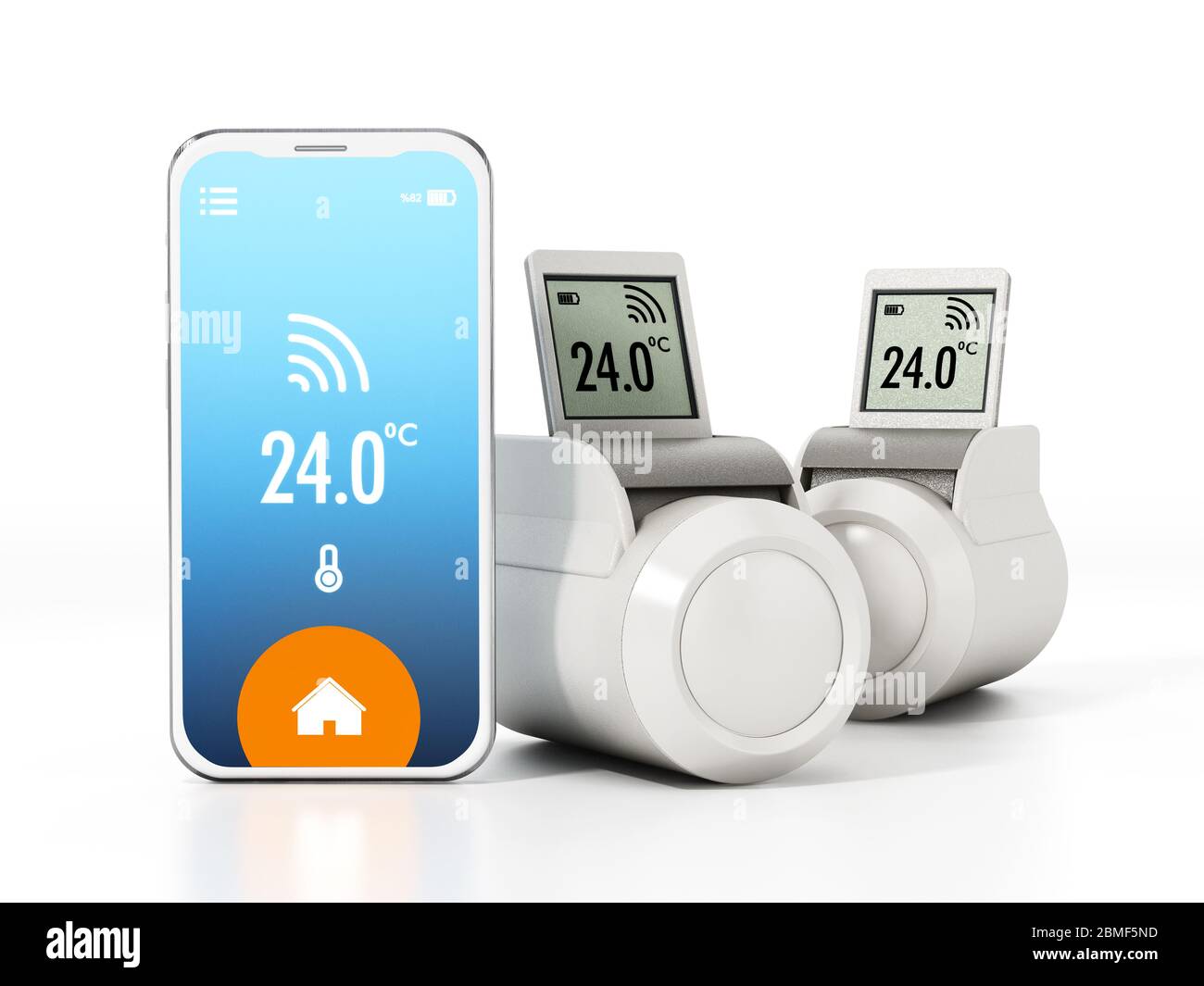 Smartphone and thermostatic radiator valves with LCD screen. 3D ...