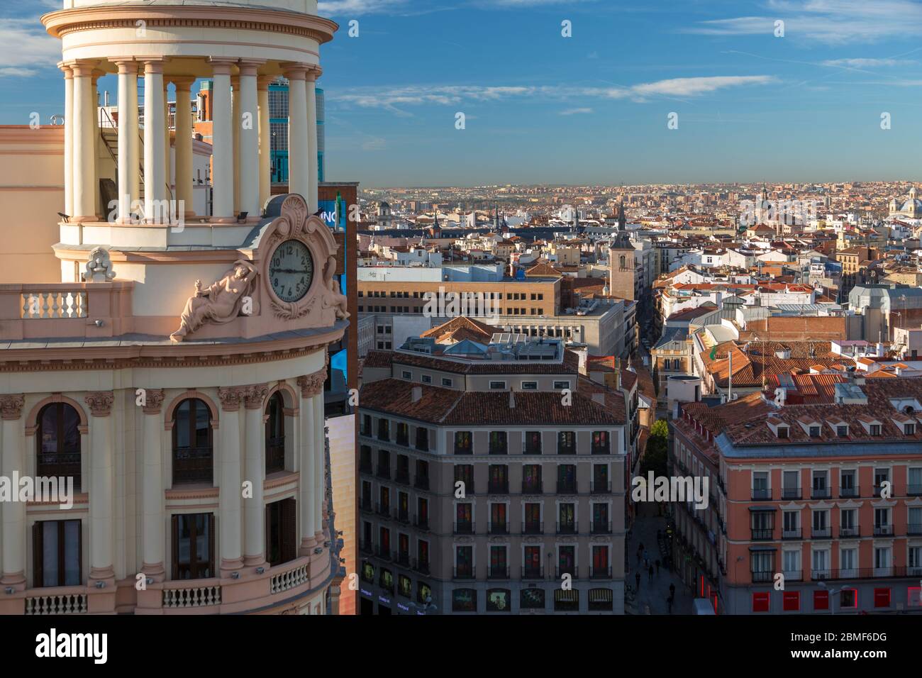 Elevated view over the rooftops of Madrid from Plaza del Callao, Madrid ...