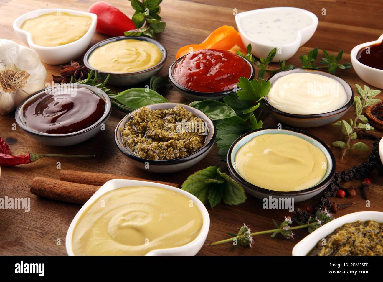 Sauces Assortment. Set of various sauces in bowls with ketchup ...