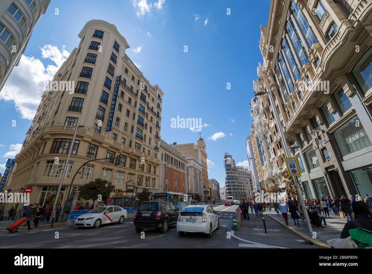 View of traffic and architecture on Gran Via, Madrid, Spain, Europe ...