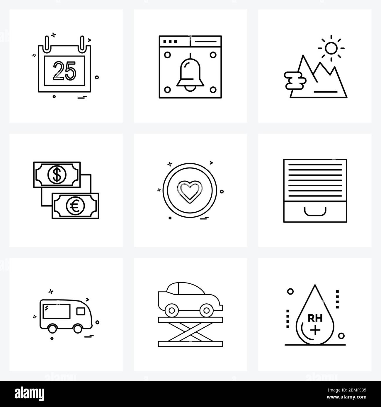 Set of 9 Modern Line Icons of ui, euro, marketing, dollar, mountains ...
