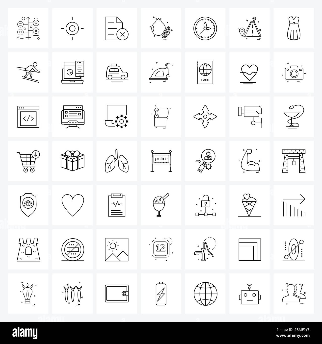 Universal Symbols of 49 Modern Line Icons of clock, fruits, maps, fruit ...