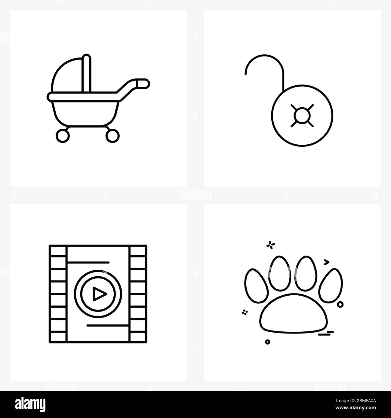 Set of 4 Simple Line Icons for Web and Print such as pram, film, lock ...