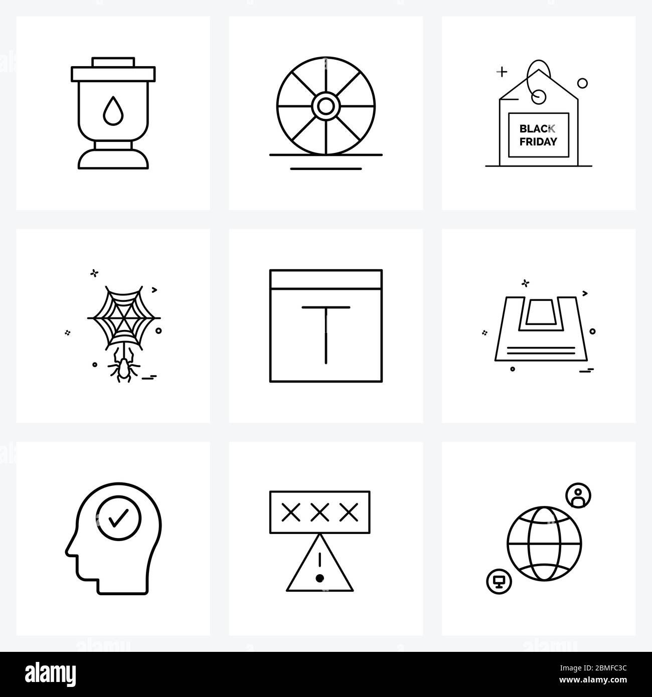Set of 9 UI Icons and symbols for page, spider web, wheel, spider ...