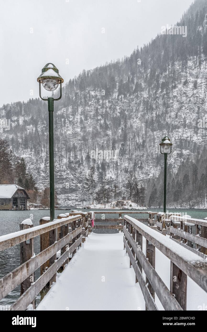 Dock by lake Konigssee during heavy snow in Germany in winter Stock ...
