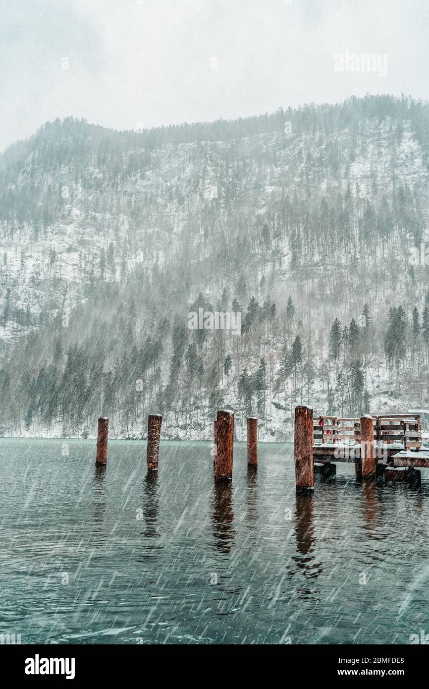 Dock by lake Konigssee during heavy snow in Germany in winter Stock ...