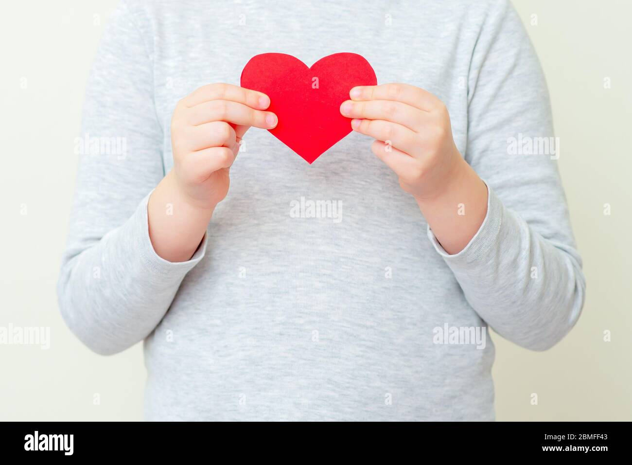 Closeup of hands of child holding red paper heart on white background ...