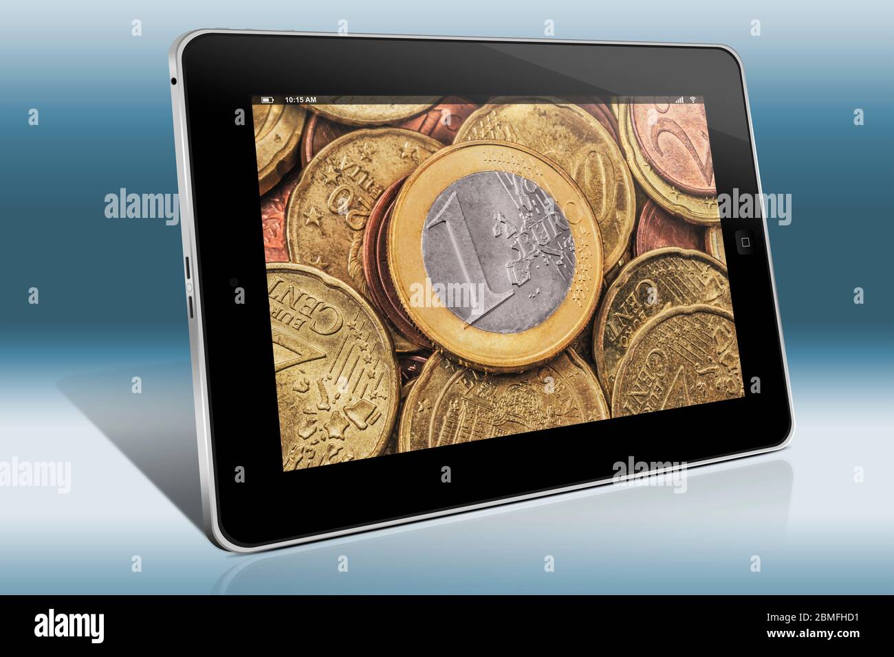 Many Euro coins, on top is a 1 Euro coin, front side, view on a Tablet ...