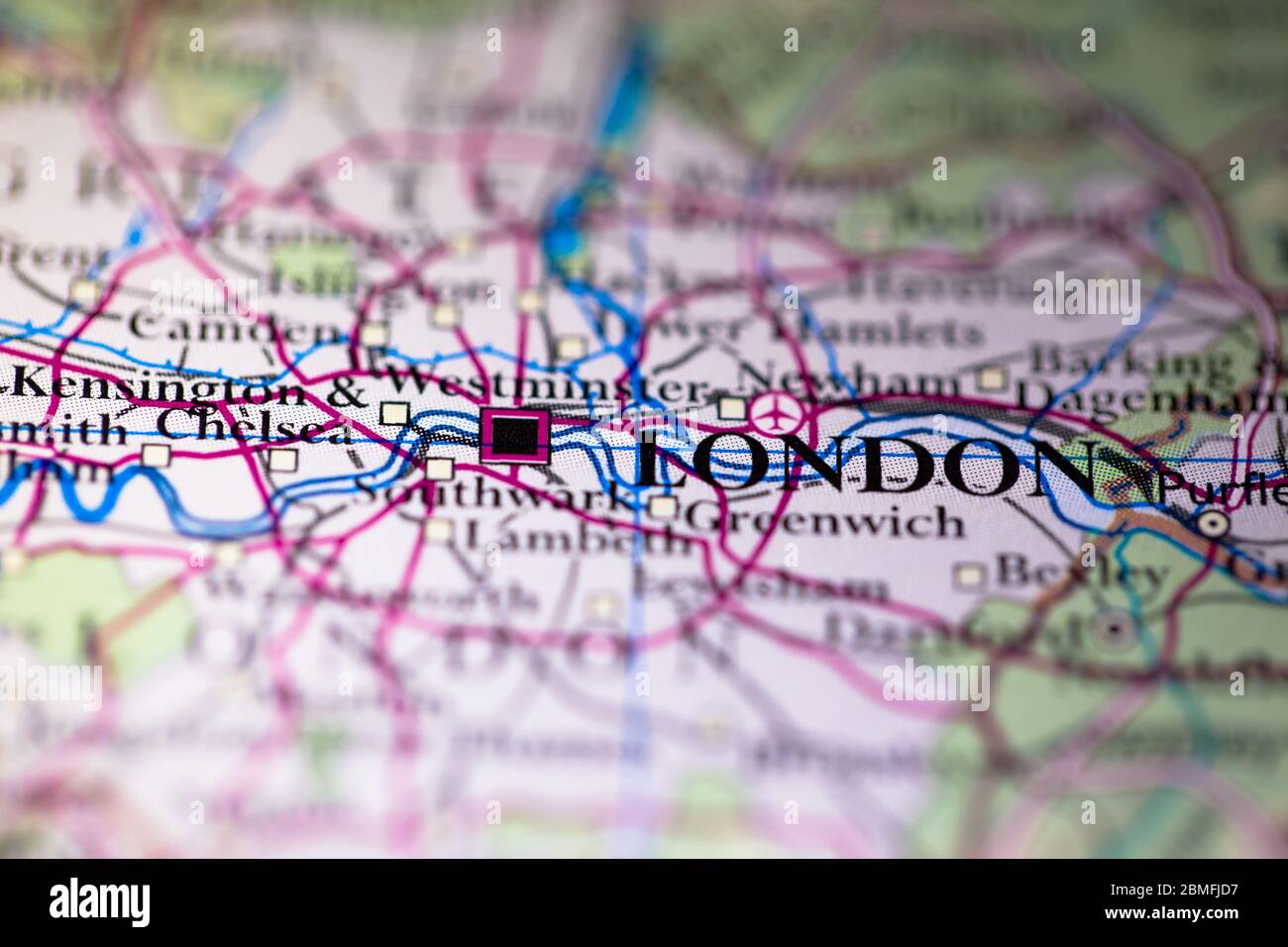 Shallow depth of field focus on geographical map location of London ...