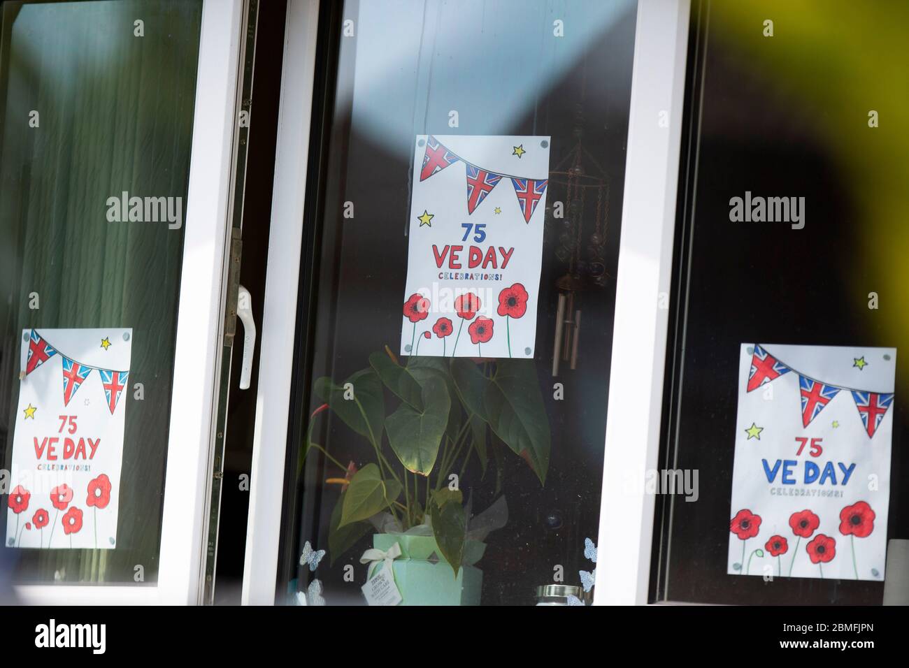 Home-made VE Day posters in the window of a house in Cardiff, May 2020 ...