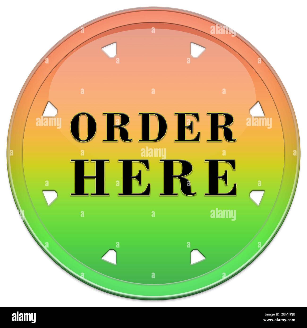 Circular rainbow button order here with arrows on a white background ...
