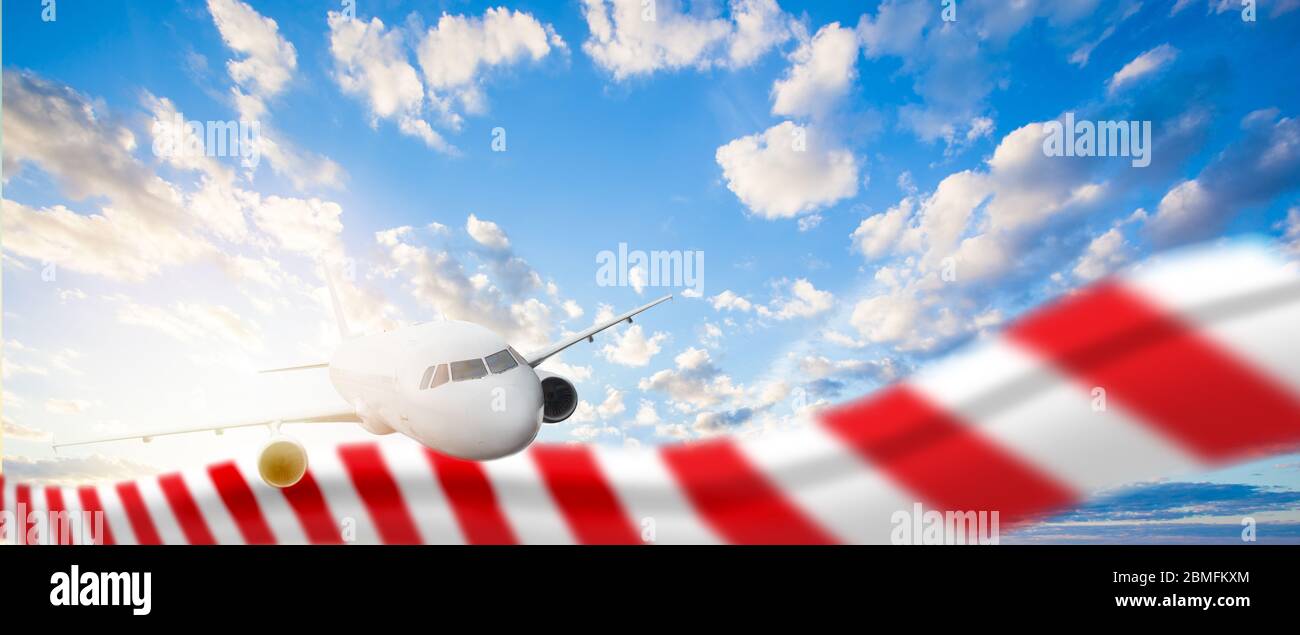 Plane on sky clouds. Plane rips warning tape. Sky is open Stock Photo ...