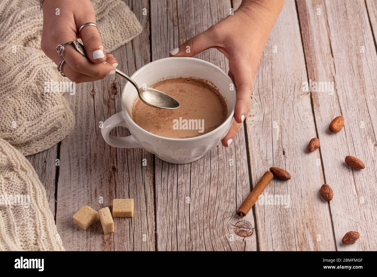 Bowl of hot chocolate in the morning on a wooden table Stock Photo - Alamy