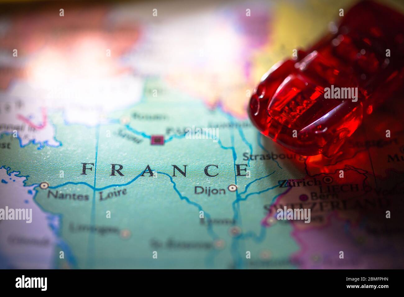 Shallow depth of field focus on geographical map location of country ...