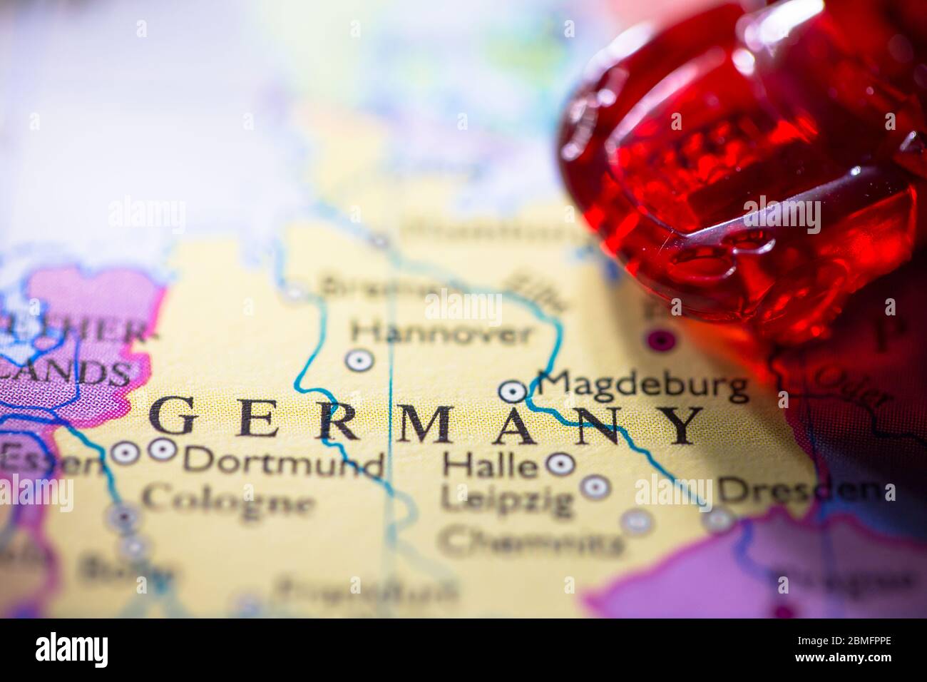 Shallow depth of field focus on geographical map location of country ...