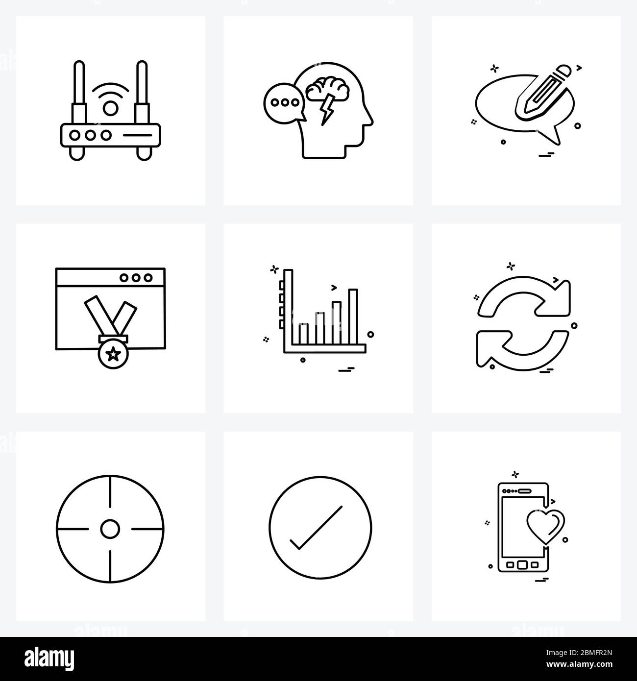 Simple Set of 9 Line Icons such as graph, award, messages, medal, write ...