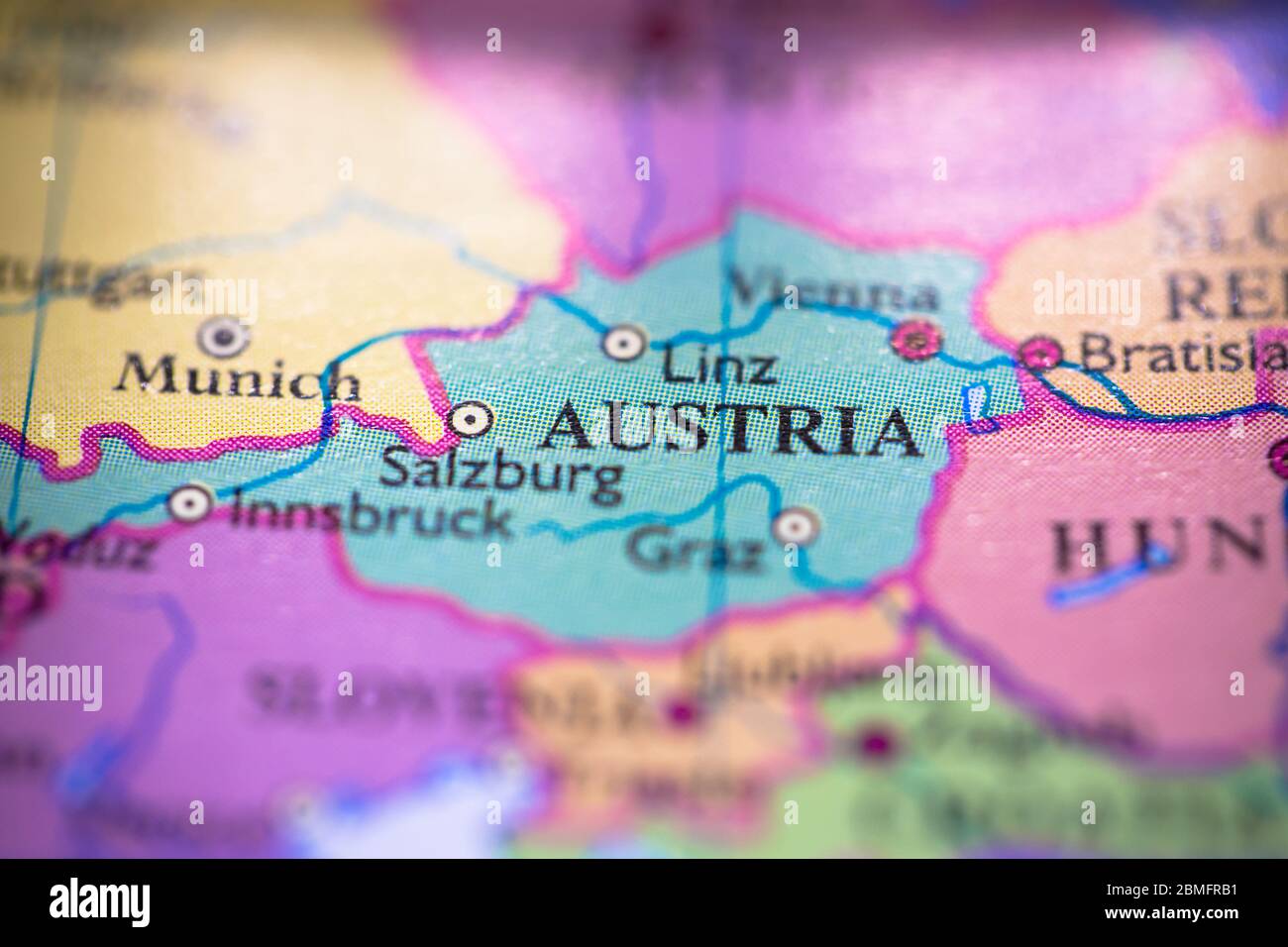 Shallow depth of field focus on geographical map location of country ...