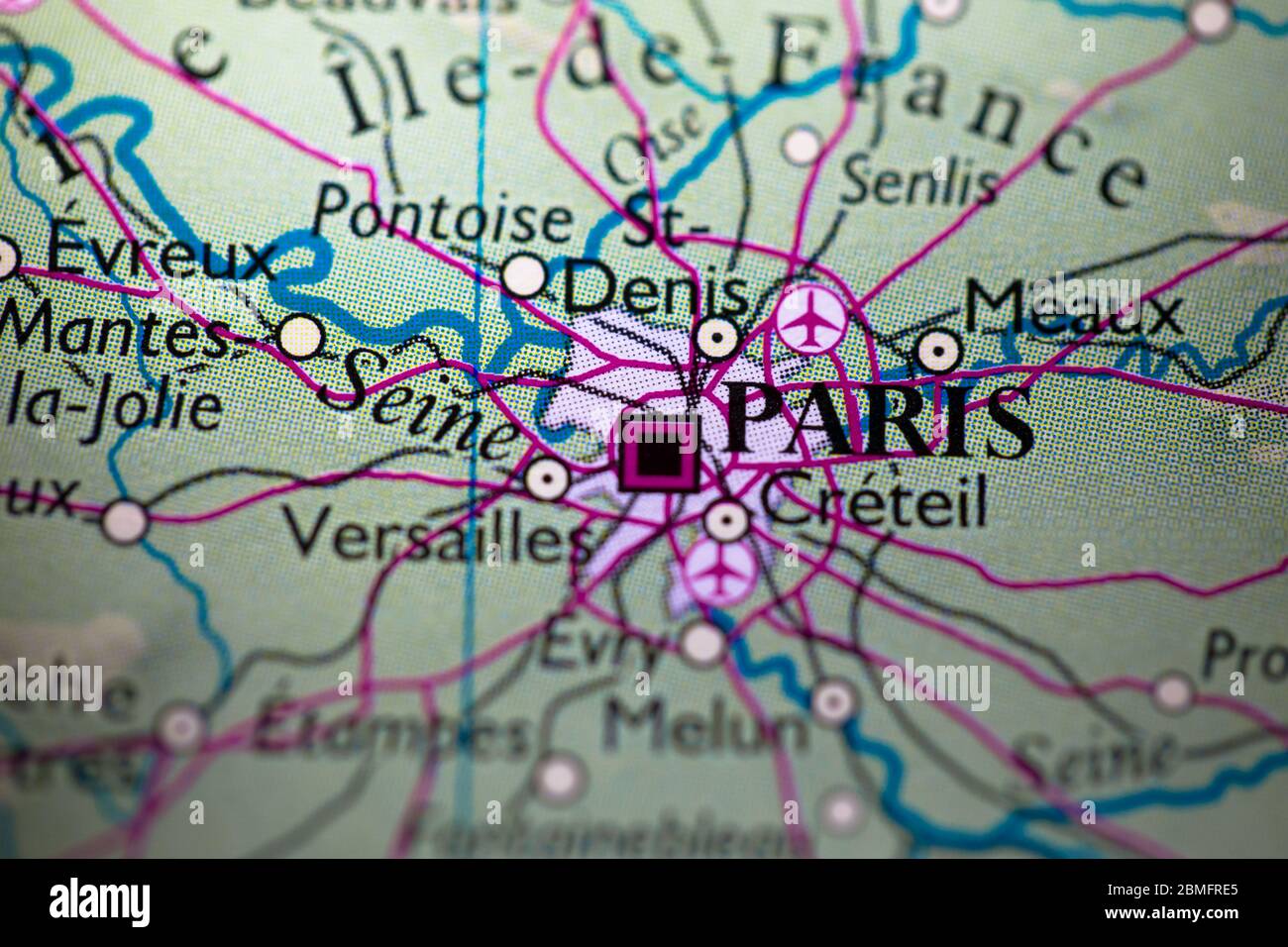 Shallow depth of field focus on geographical map location of Paris city ...