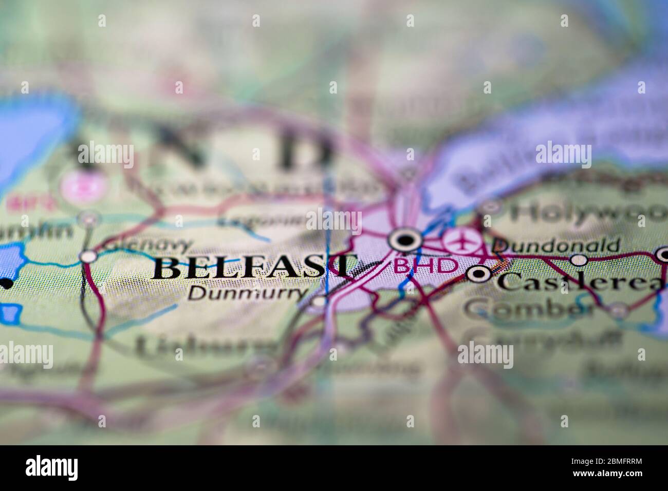 Shallow depth of field focus on geographical map location of Belfast ...