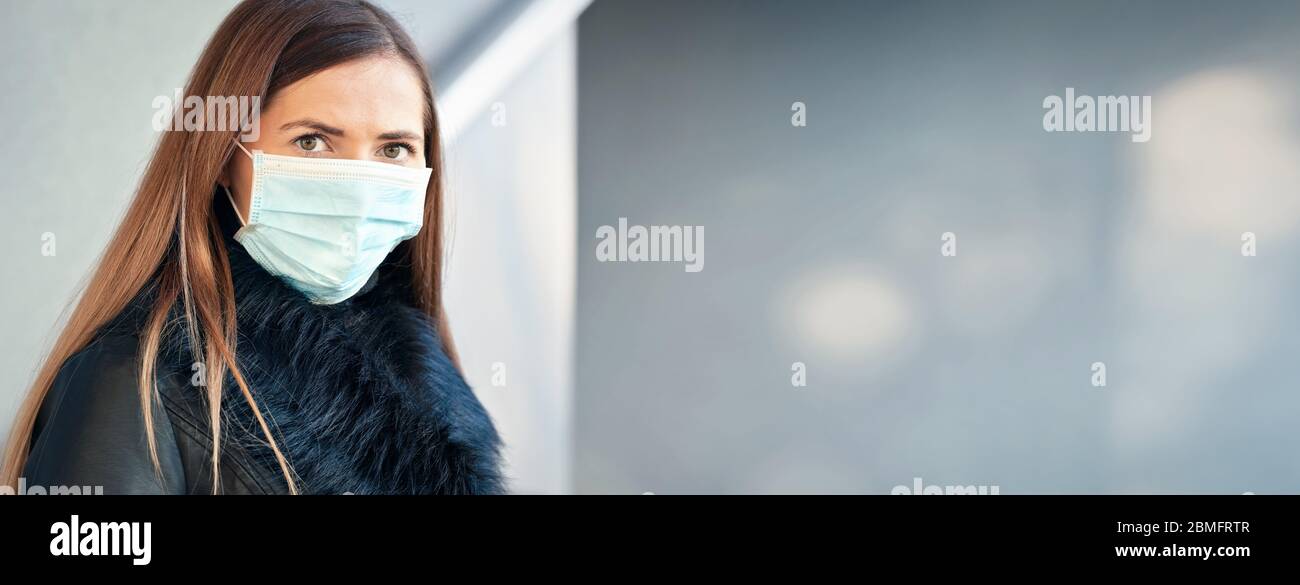 Young woman wearing disposable blue virus face mouth nose mask, wide ...