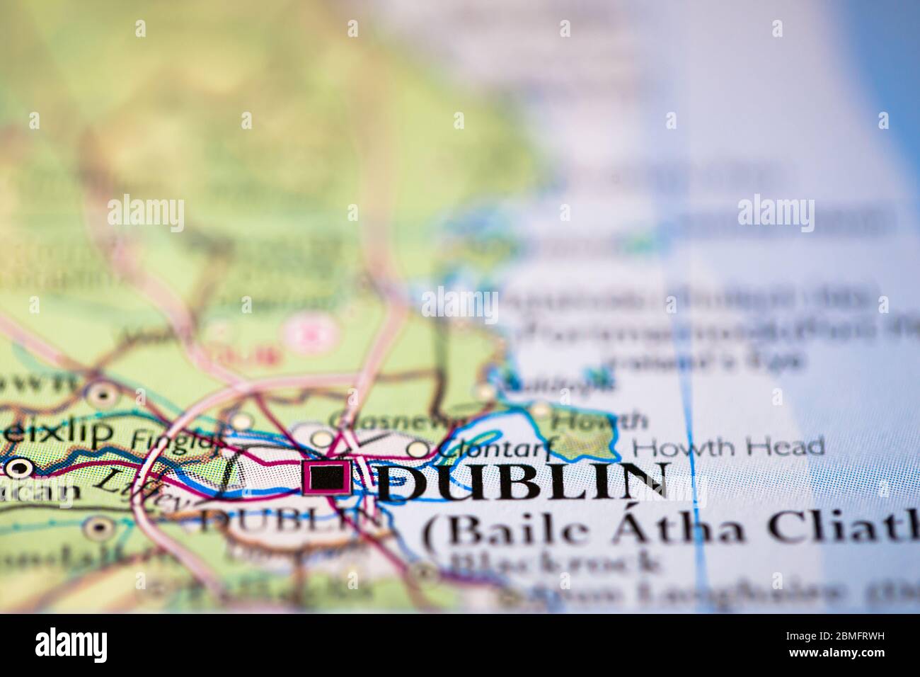 Shallow depth of field focus on geographical map location of Dublin ...