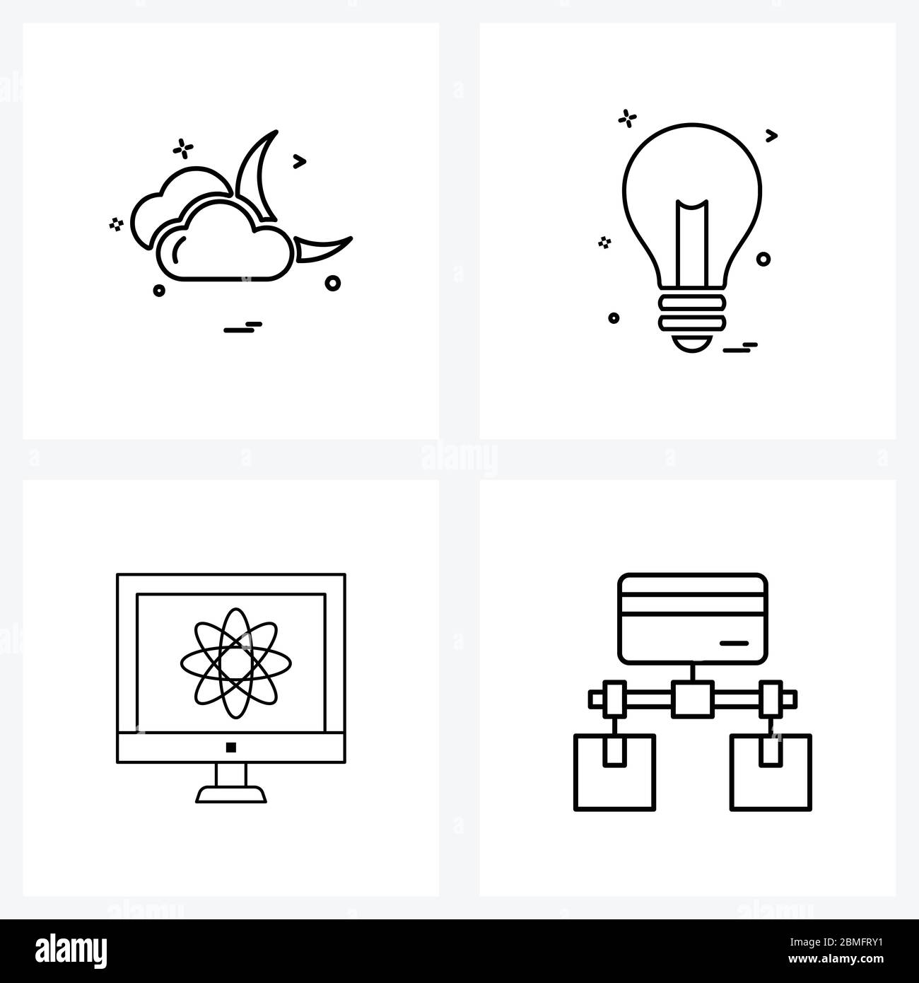 Set of 4 Modern Line Icons of cloud, quantum chip, moon, bulb , card ...