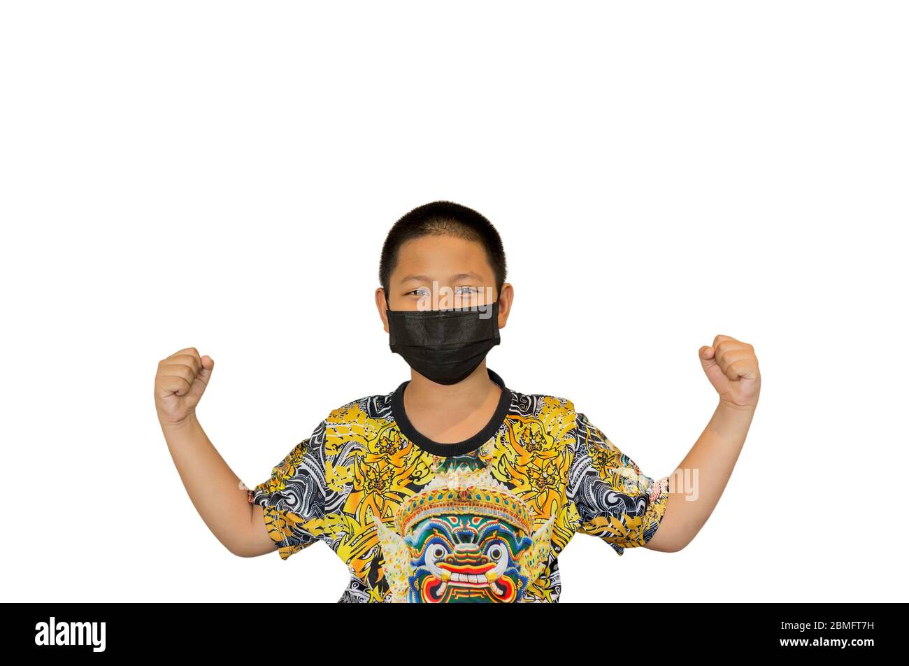 Boy wearing medical mask shows hand up Coronavirus conceptual in ...