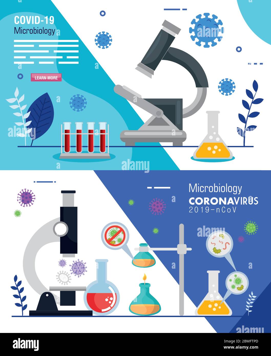set poster of microbiology for covid 19 and medical icons Stock Vector ...