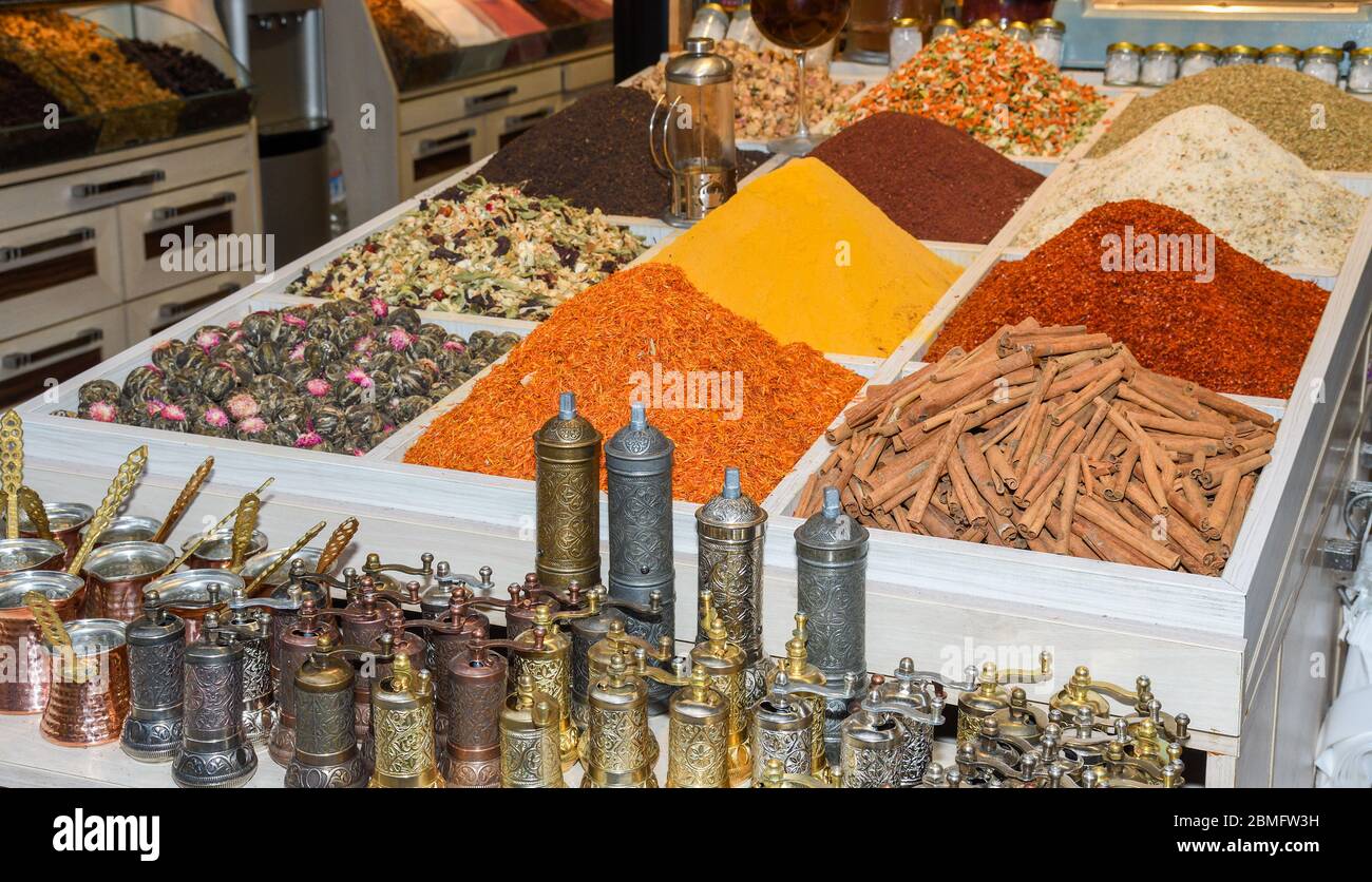 Assorted tea and spices specialties in Istanbul Turkey, Grand Bazaar ...