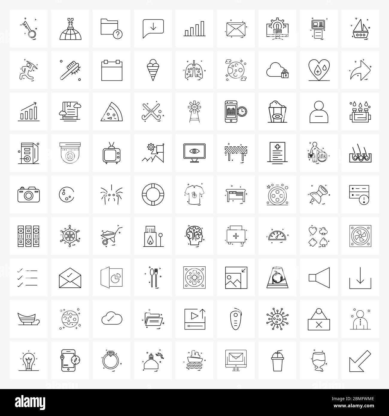 Modern Style Set of 81 line Pictograph Grid based signals, graph ...