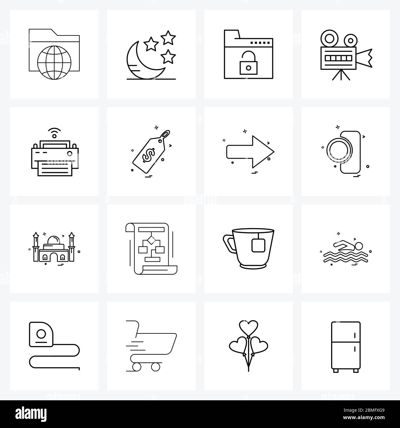 Set of 16 Line Icon Signs and Symbols of printing, laser, essential ...